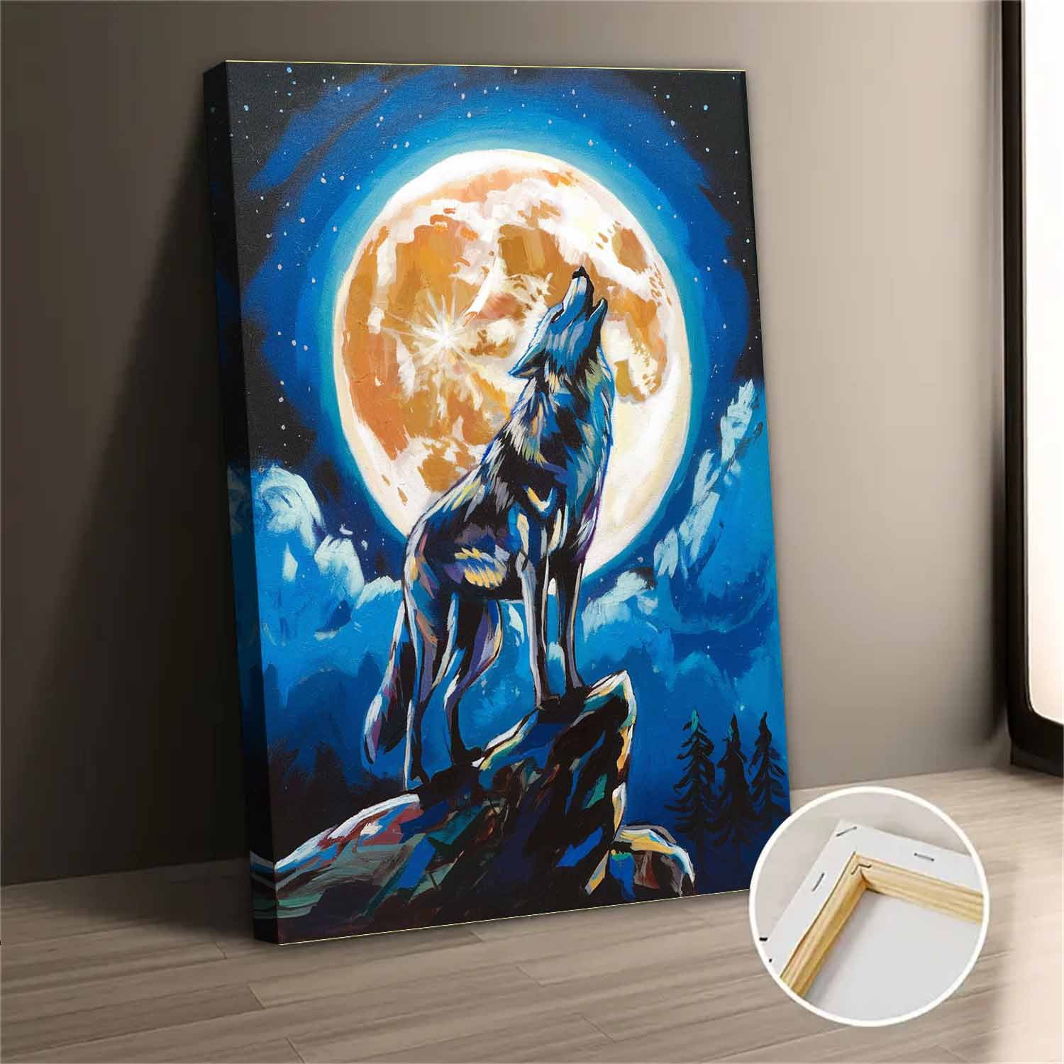 Vintage Abstract Wolf Howling At Moon Canvas Wall Art Print For Bedroom ...
