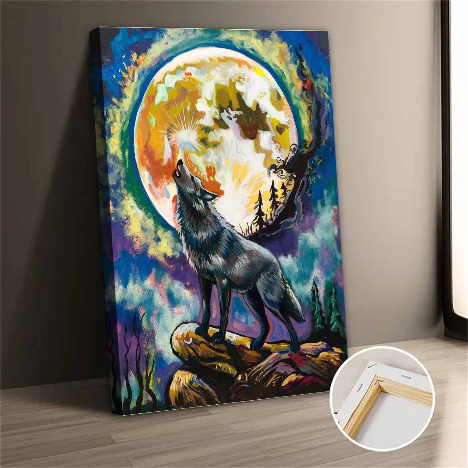 Vintage Abstract Wolf Howling at Moon Canvas Wall Art for Bedroom ...