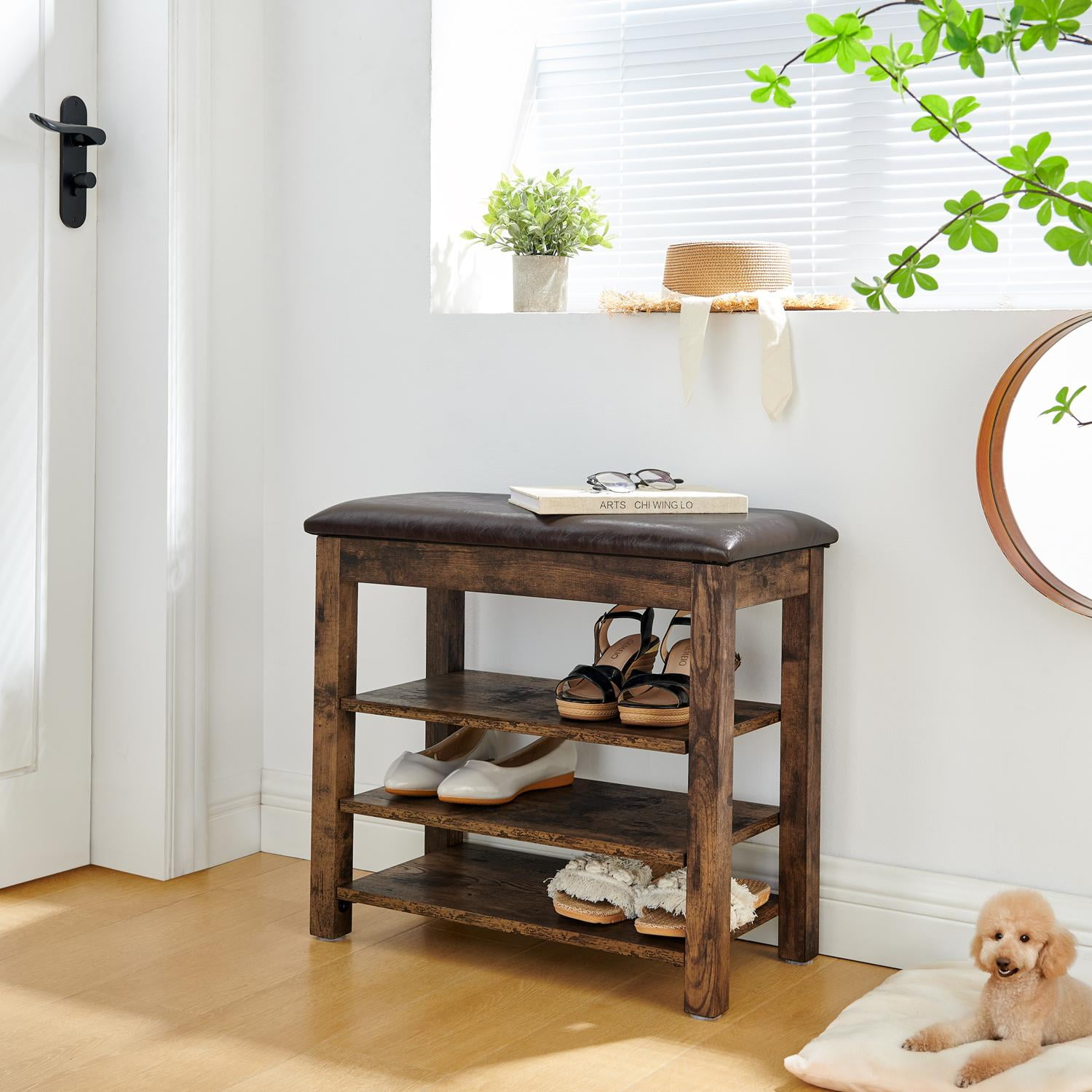 Vintage Adjustable Bench in PU Leather, Features 3-Tier Ventilated Shoe ...