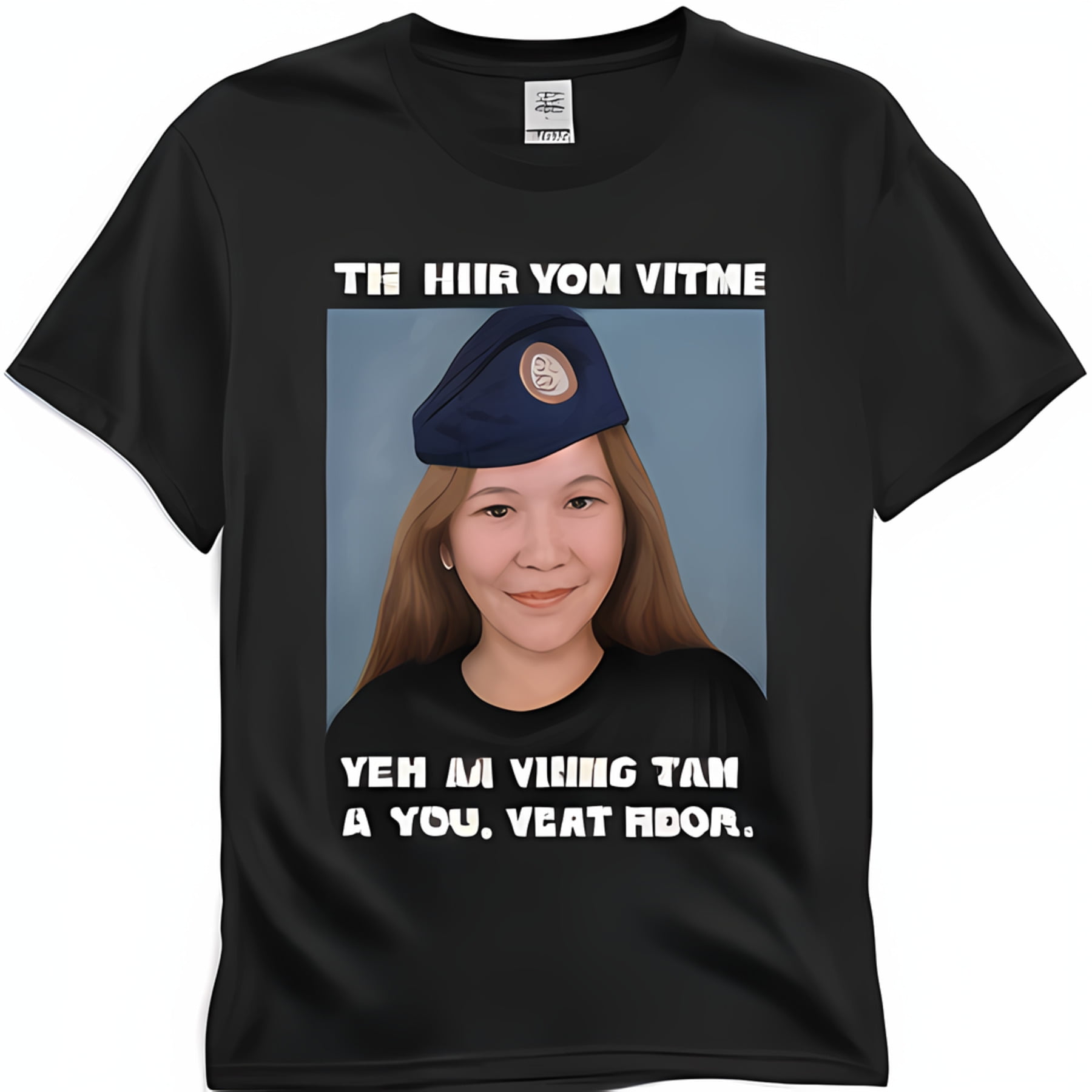 Vintage Air Hostess Smiling Photo Black T-Shirt with Mysterious Text ...