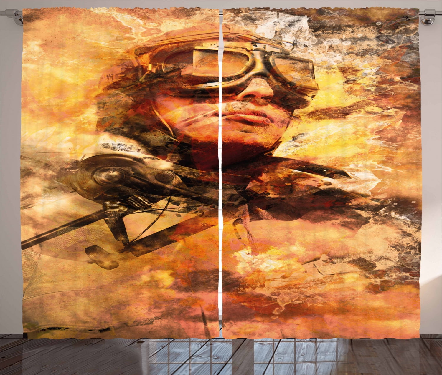 Ambesonne Vintage Airplane Curtains 2 Panel Set, Pilot Portrait, 108" x ...
