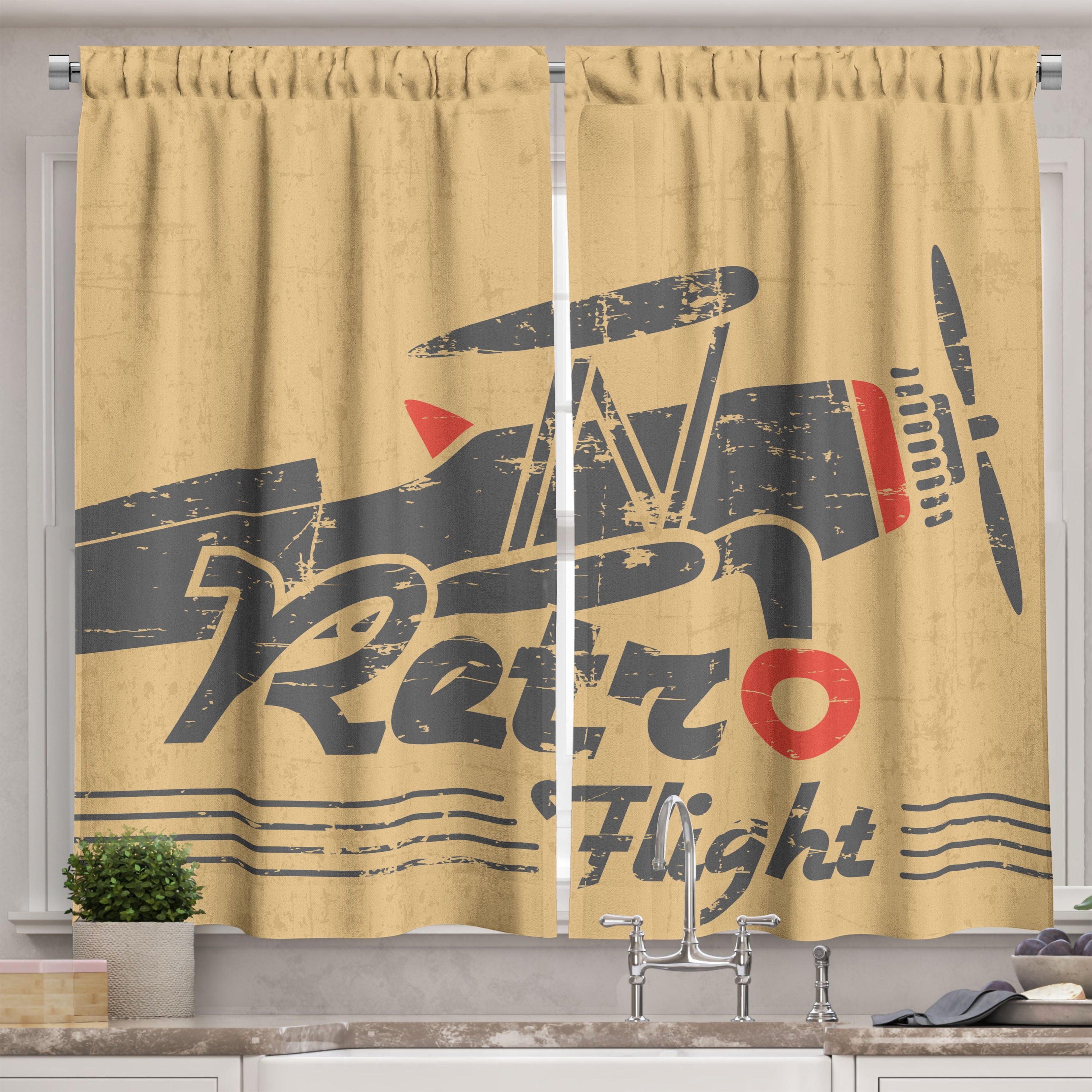 Vintage Airplane Curtains 2 Panels Set, Retro Flight Emblem with Old ...