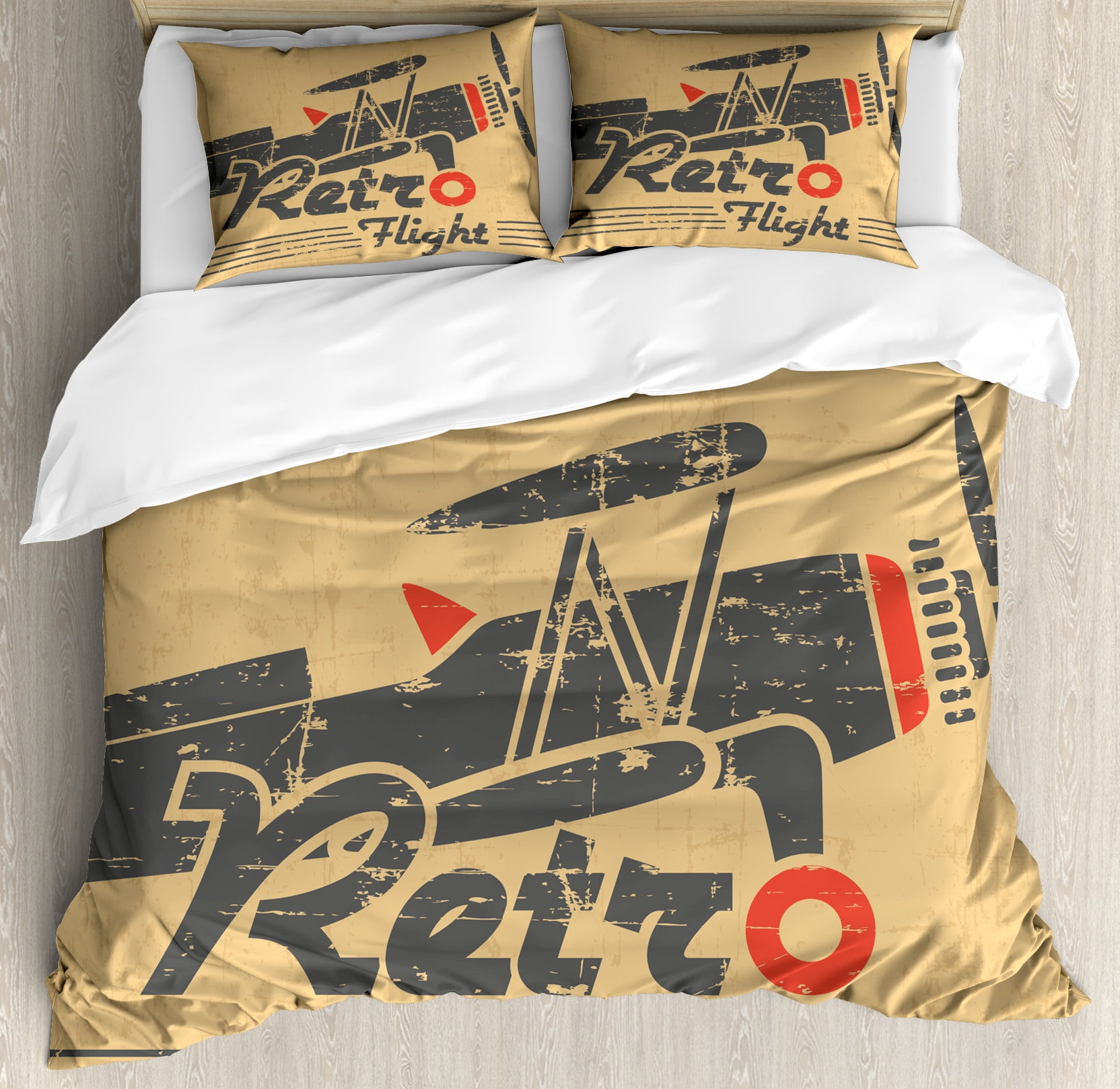 Vintage Airplane Duvet Cover Set, Retro Flight Emblem with Old Plane ...