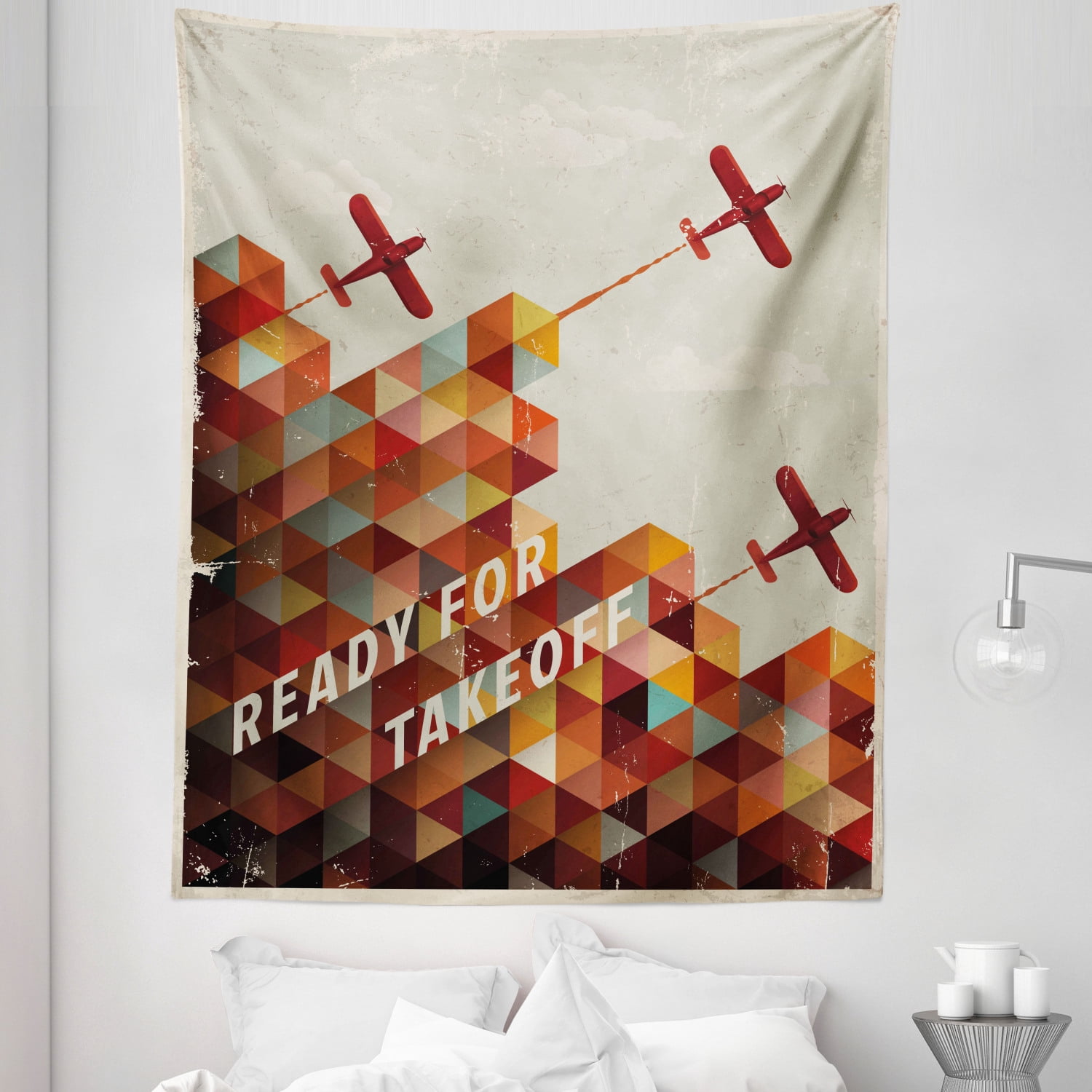 Vintage Airplane Tapestry, Ready for Take Off Retro Style Geometric ...