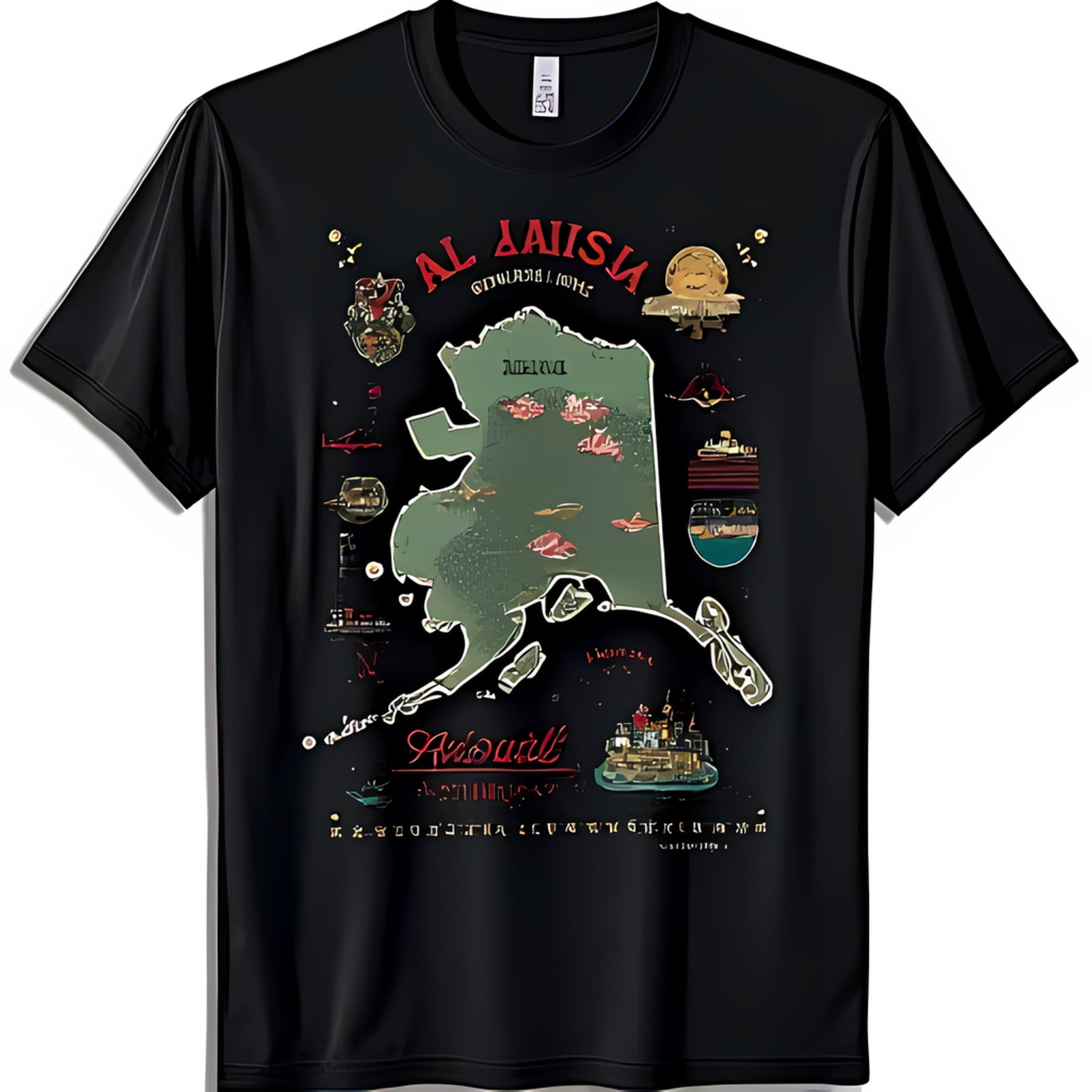 Vintage Alaska Map Black T-Shirt with Iconic Landmarks & Anchorage ...