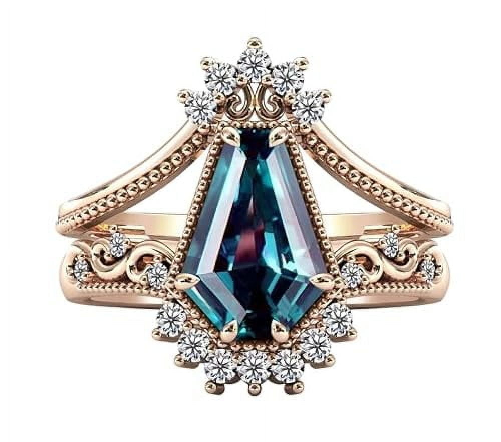 Vintage Alexandrite Engagement Ring Set, 18K Rose Gold Coffin Cut Art ...