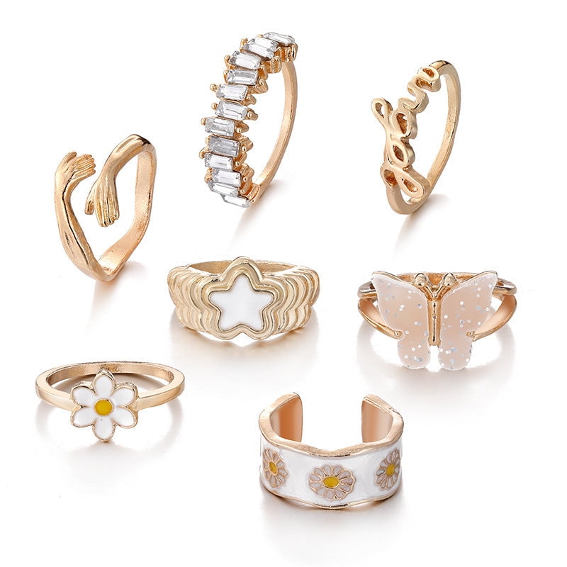 Vintage Alloy Butterfly Star Daisy Flower Geometric Ring Set with ...
