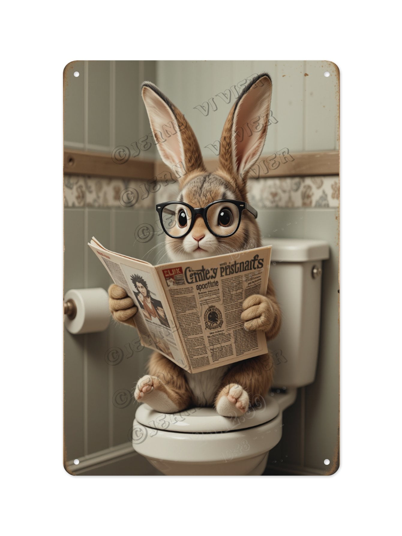 Vintage Aluminum Sign with Funny Bunny Reading a Newspaper, 8 x 12 ...