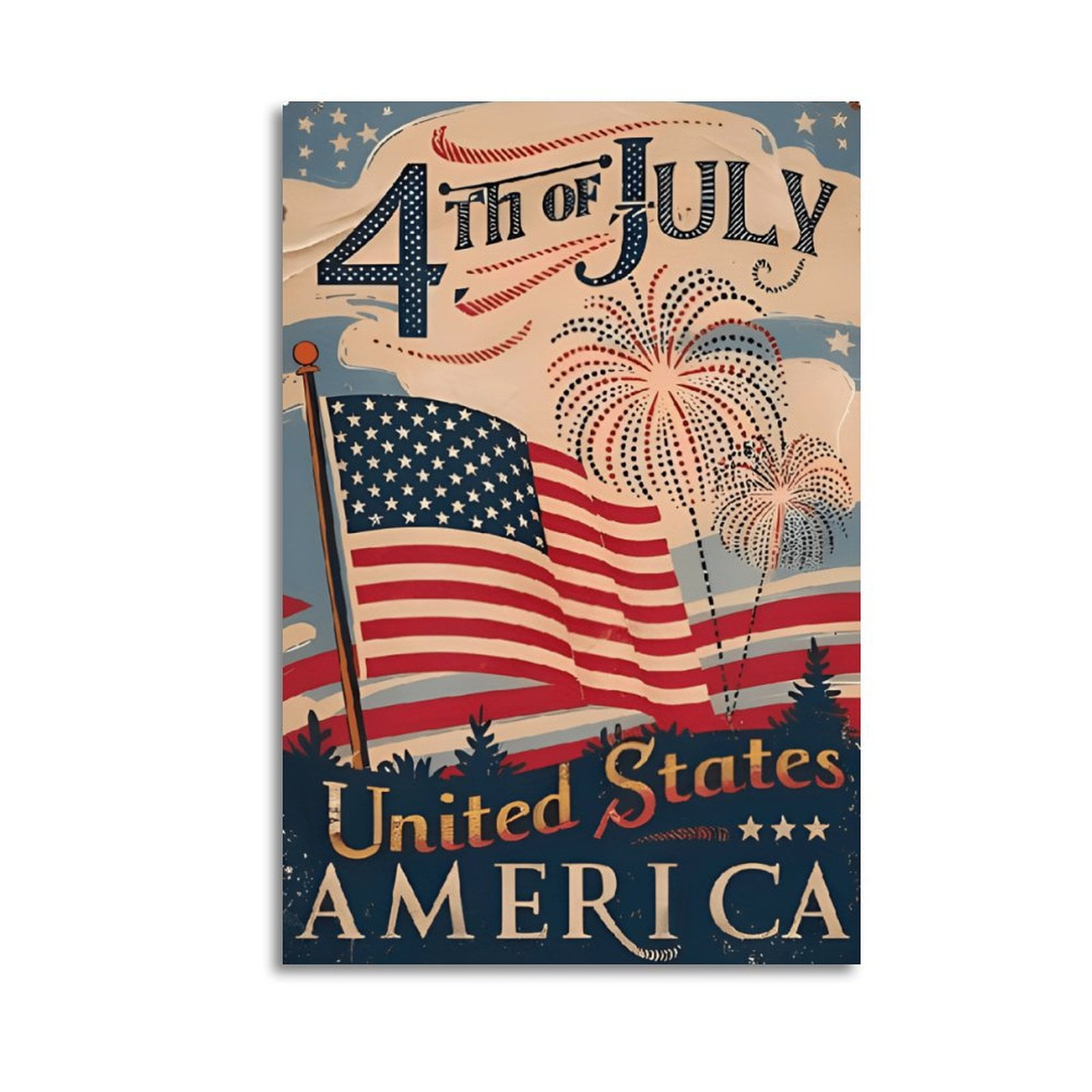 Vintage American Flag 4th of July Poster Wrapped Wooden Frame Wall ...