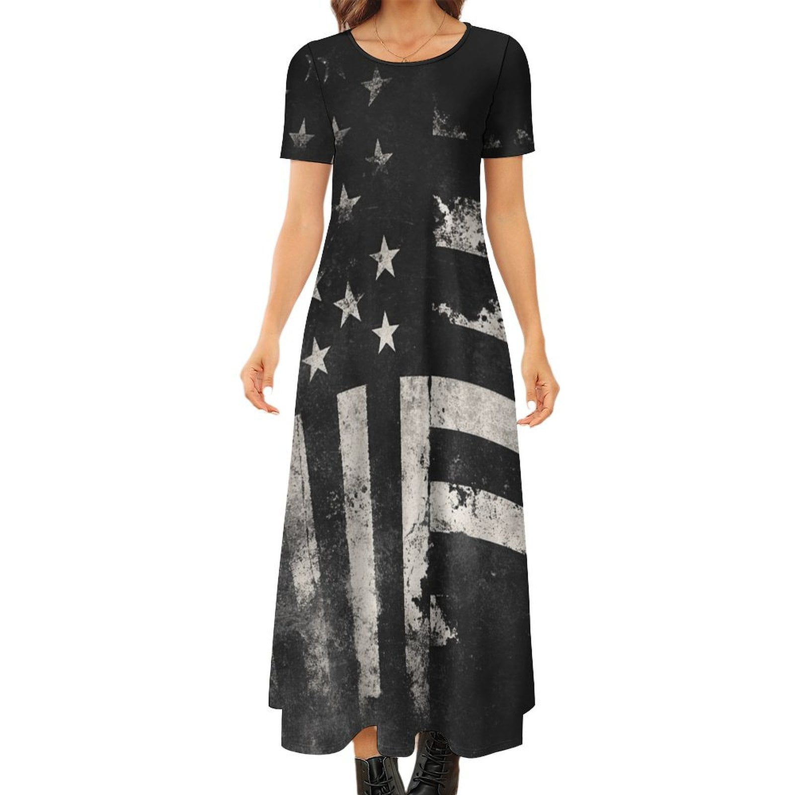 Vintage American Flag Black And White Maxi Dress for Women Crew Neck ...