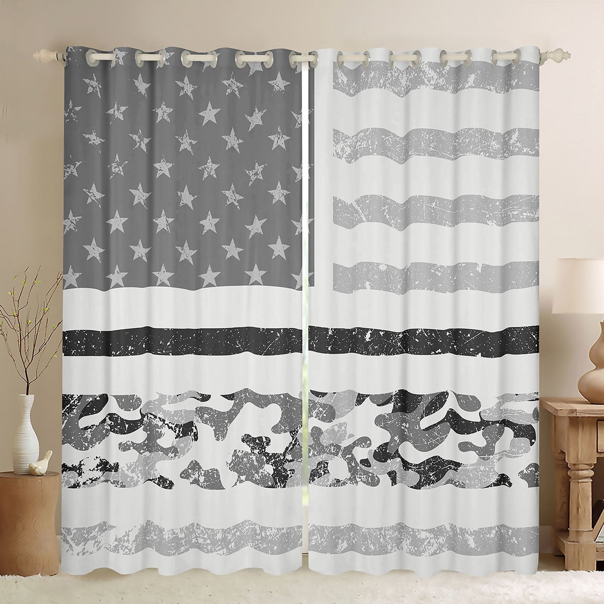 Vintage American Flag Blackout Curtains Military Camouflage Curtains