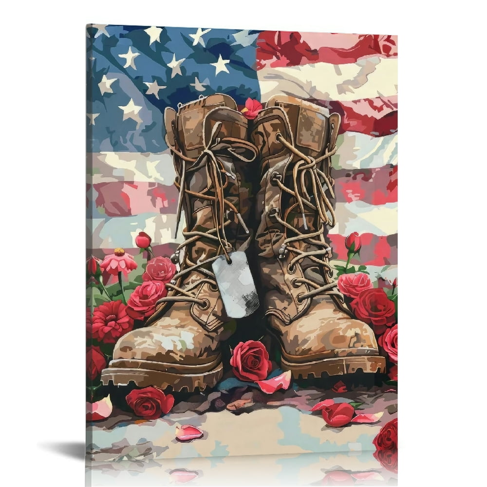 Vintage American Flag Boots Canvas Wall Art Print Poster, 4th July ...