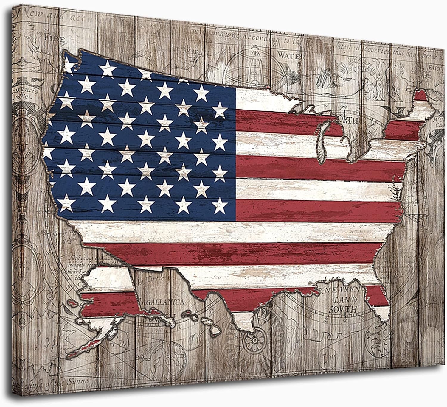 Vintage American Flag Canvas Wall Art Red White Blue Map Shape Flag of ...