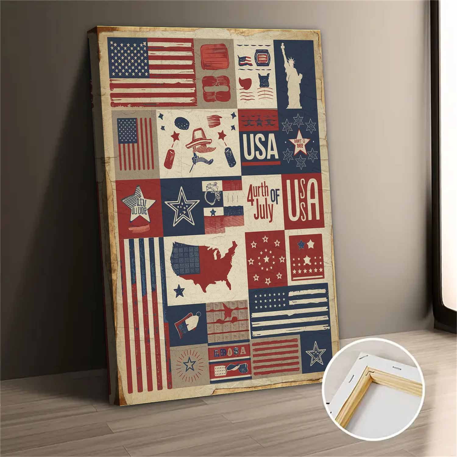 Vintage American Flag Collage Canvas Wall Art Prints for Bedroom Living ...