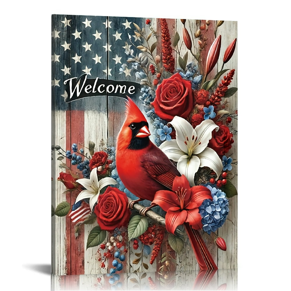 Vintage American Flag Flower Cardinal Canvas Wall Art Print Poster, 4th ...