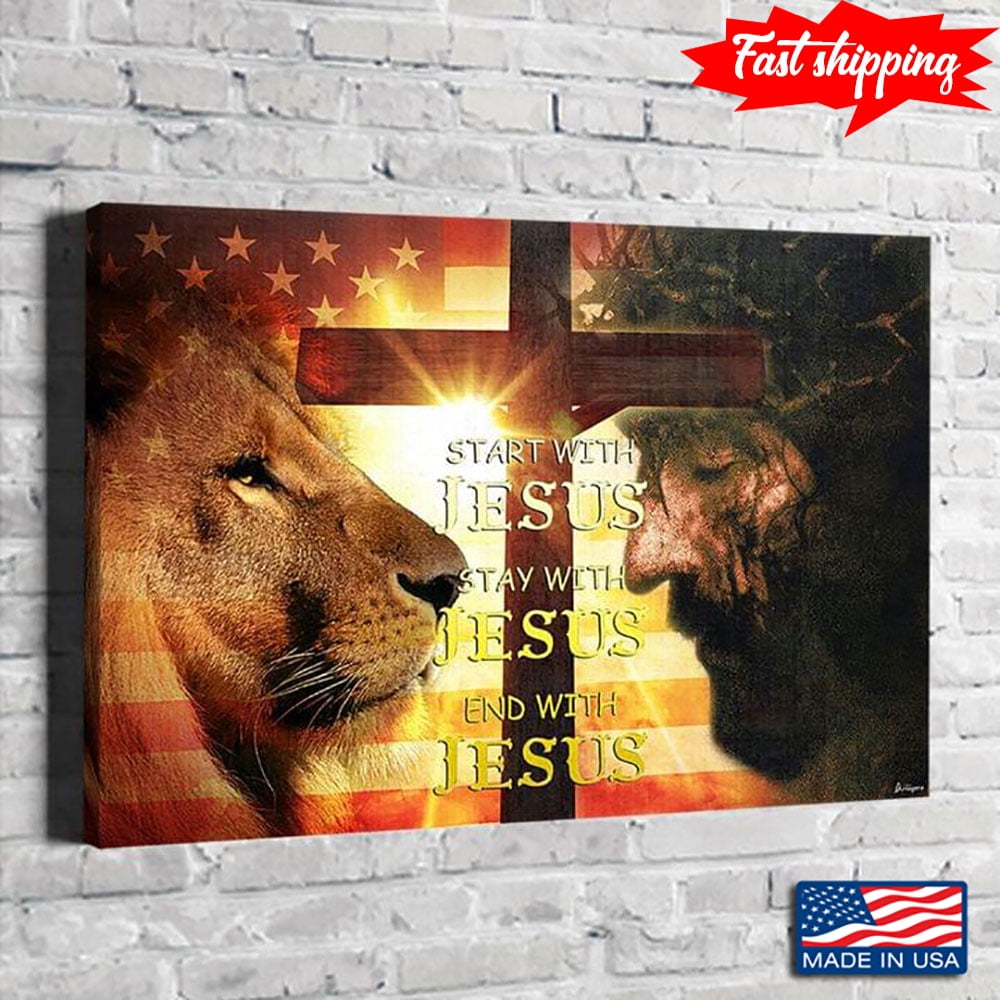 Vintage American Flag Jesus Christ With Crown Of Thorns & Lion Start ...