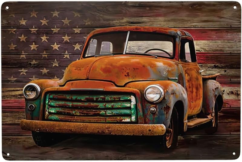 Vintage American Flag Metal Tin Sign Wall Decor, Retro Old Truck With ...