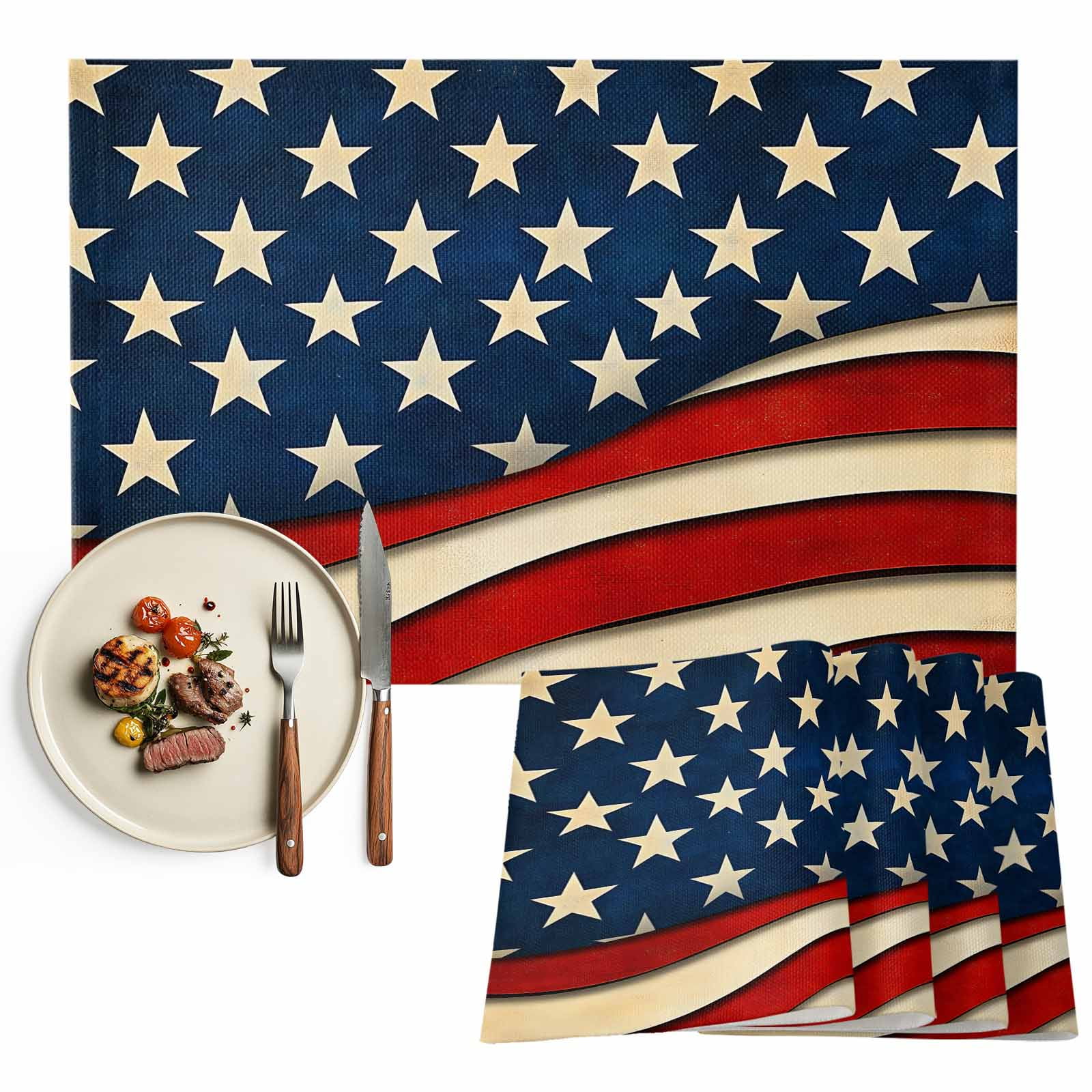 Vintage American Flag Placemats Set of 6, Rustic Patriotic Star Striped ...