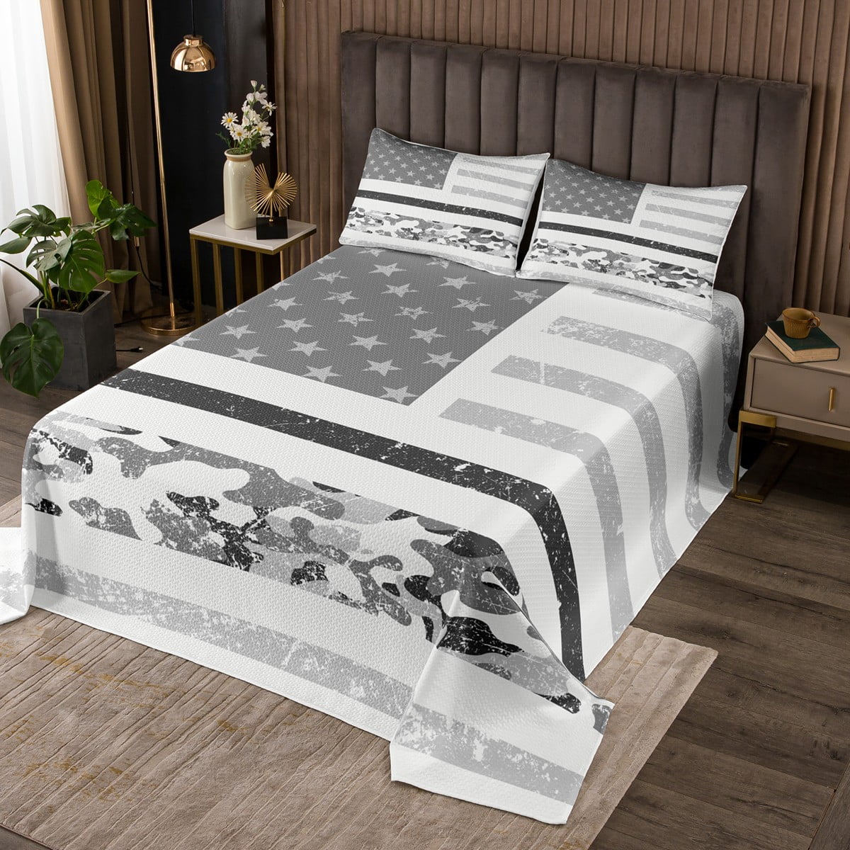 Vintage American Flag Quilt Set Military Camouflage Queen Bedspread Set ...
