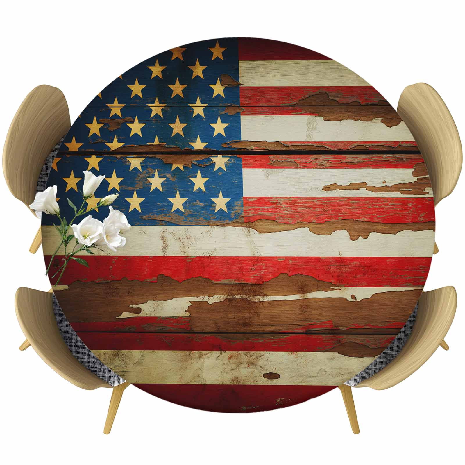 Vintage American Flag Round Tablecloth, Fitted Table Cover with Elastic ...