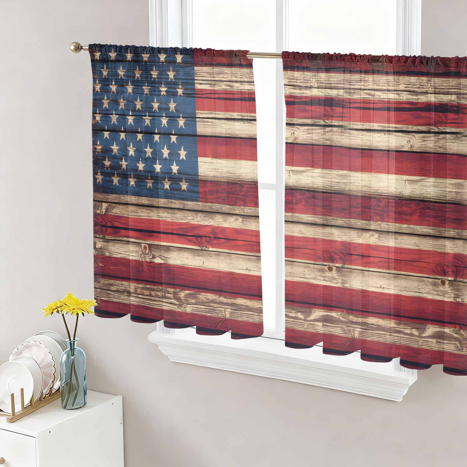 Vintage American Flag Semi Sheer Curtains 54 Inch Length 2 Panels Set ...
