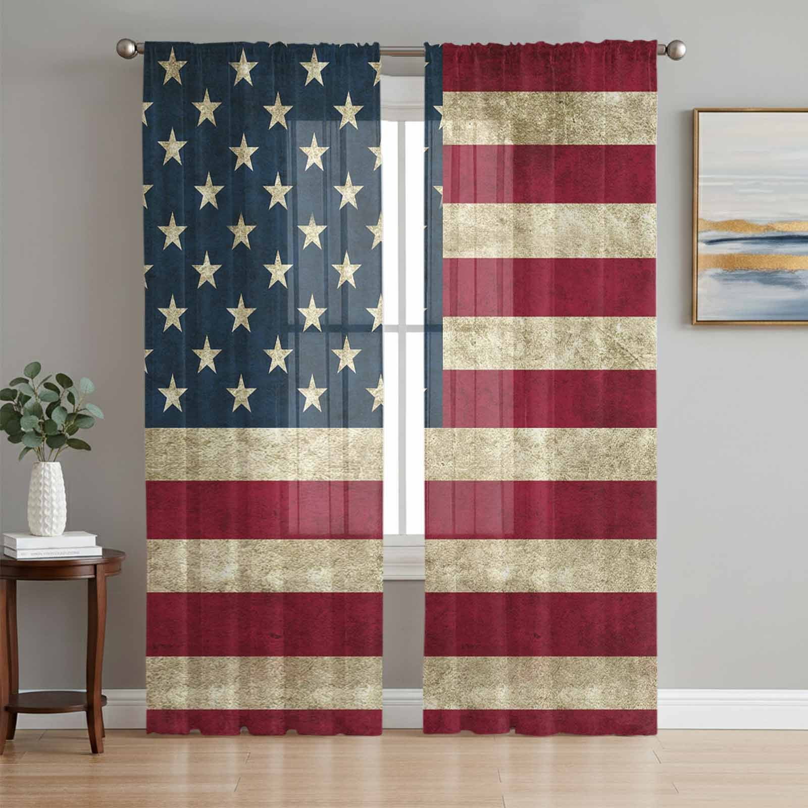 Vintage American Flag Semi Sheer Curtains 63 Inch Length 2 Panels Set ...
