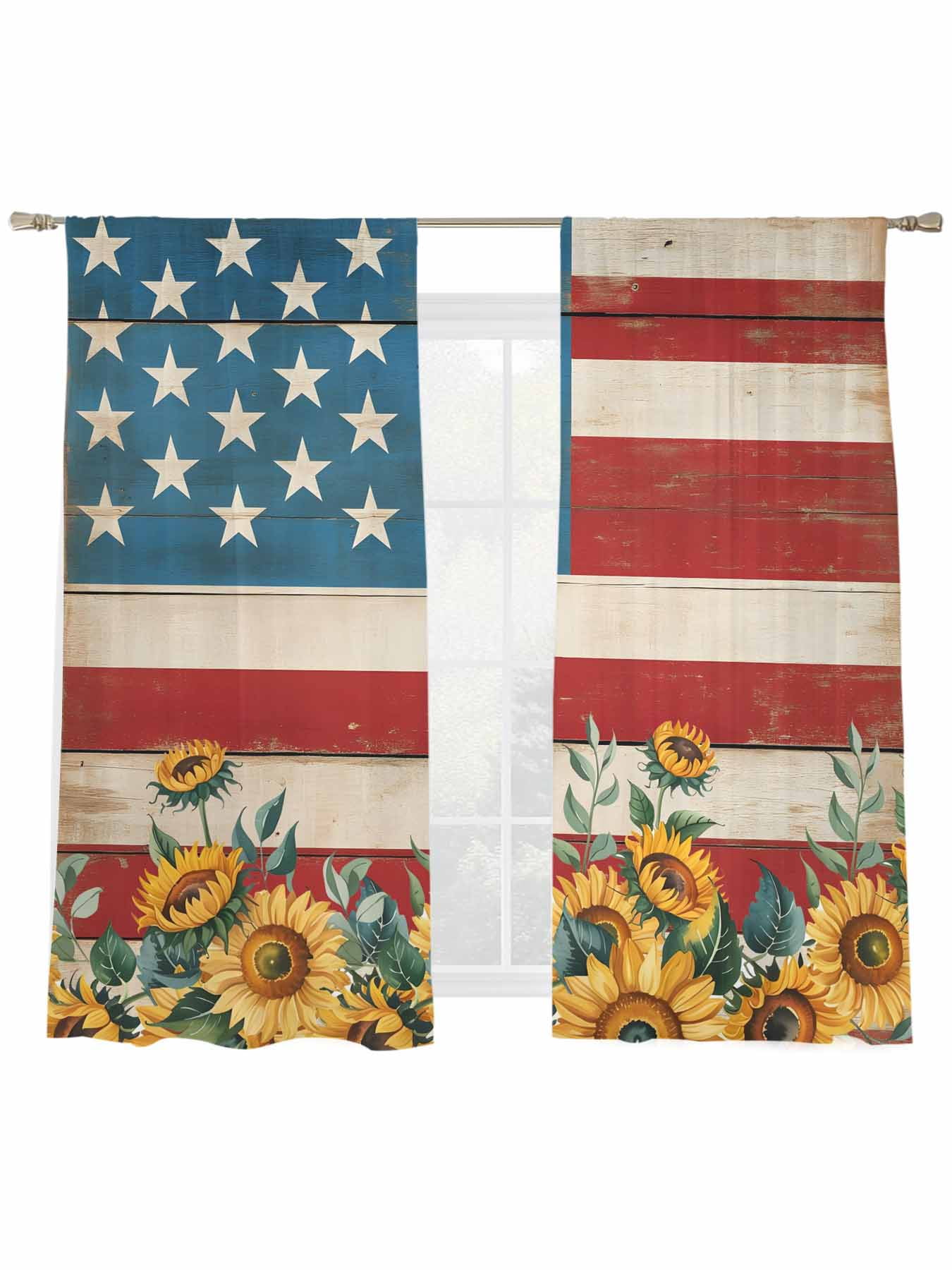Vintage American Flag Sheer Curtains 63 Inch Long 2 Panels, Sunflower ...