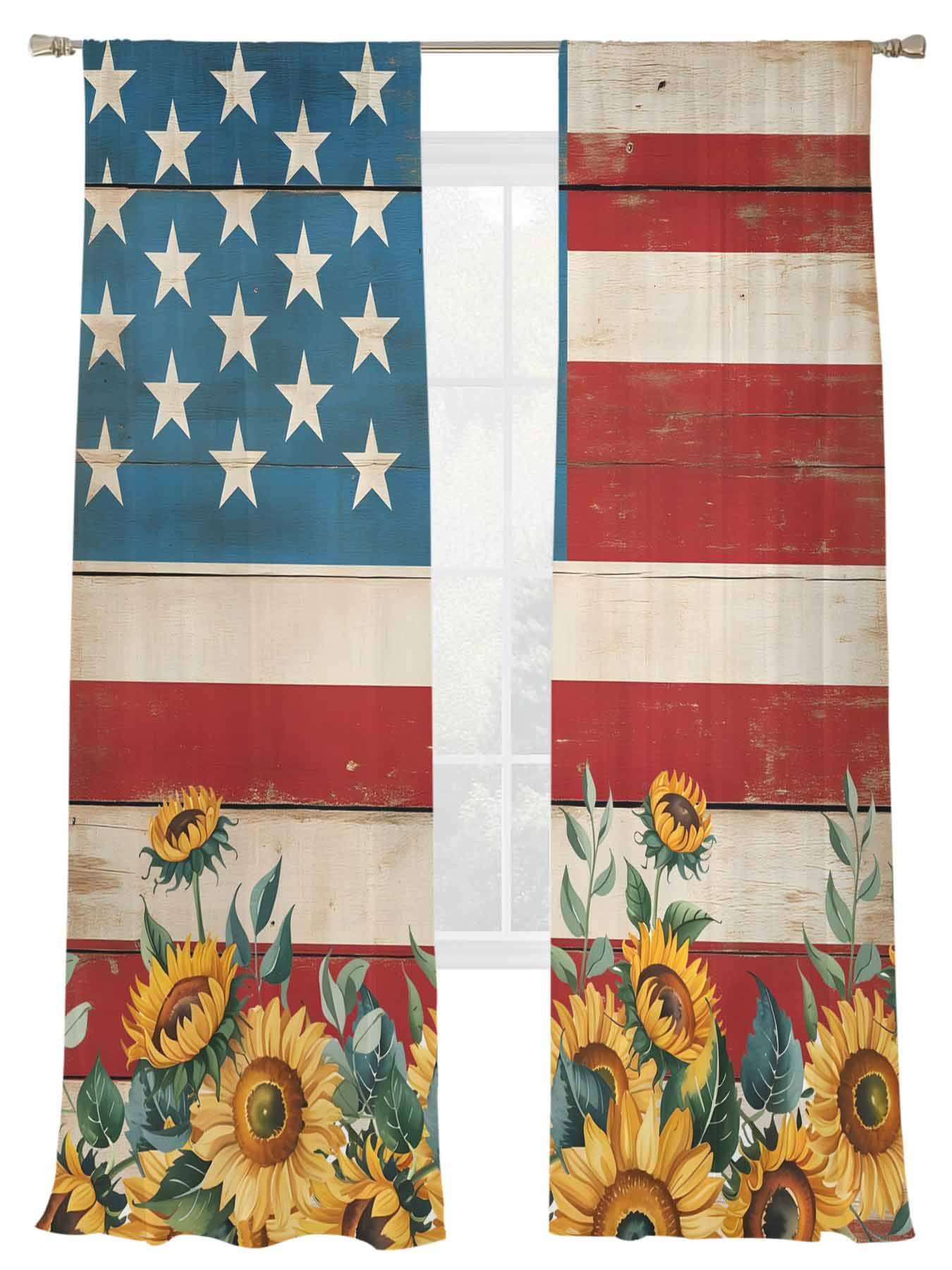 Vintage American Flag Sheer Curtains 84 Inch Long 2 Panels, Sunflower ...