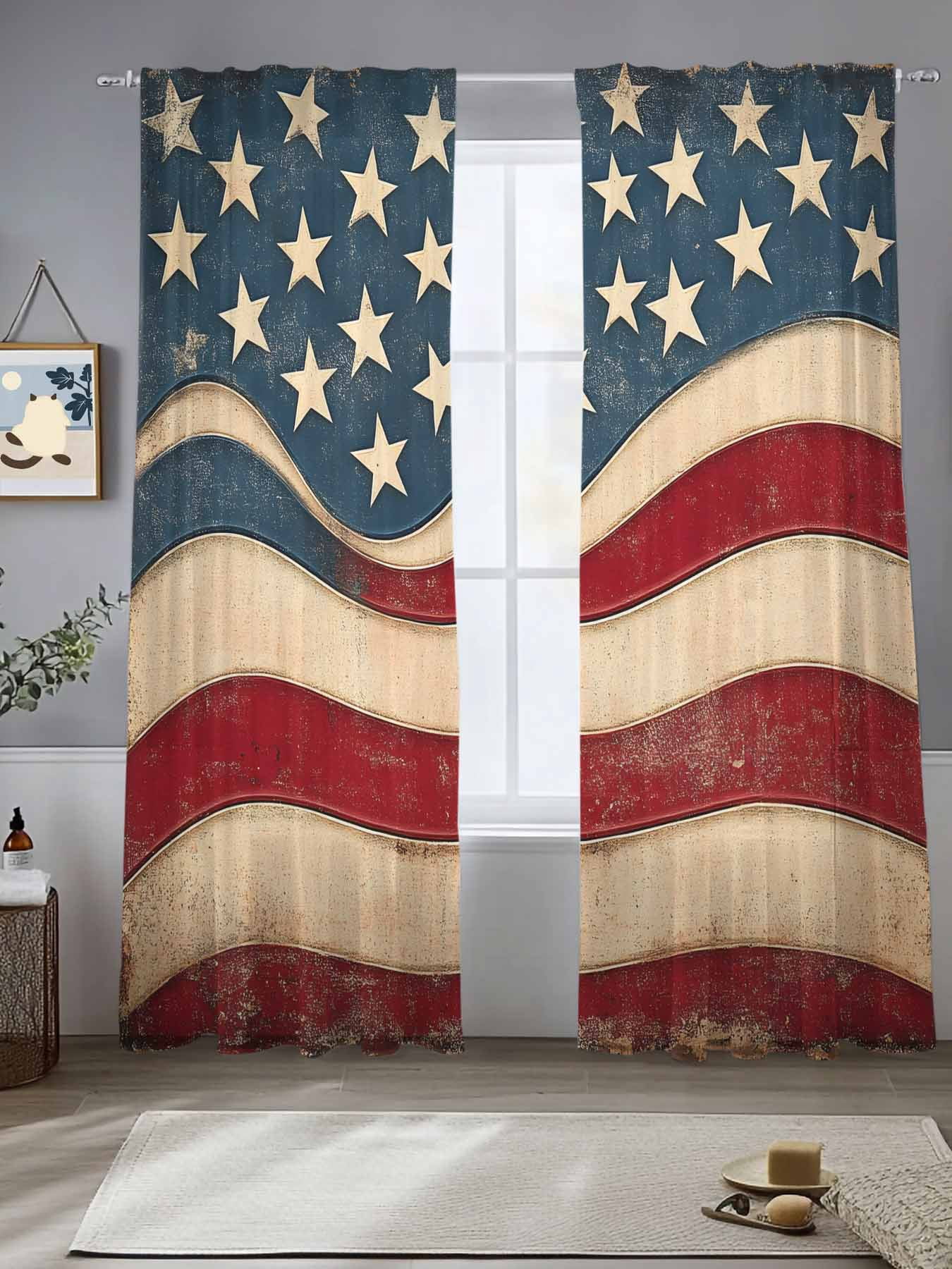 Vintage American Flag Sheer Curtains for Living Room Bedroom Blue Red ...