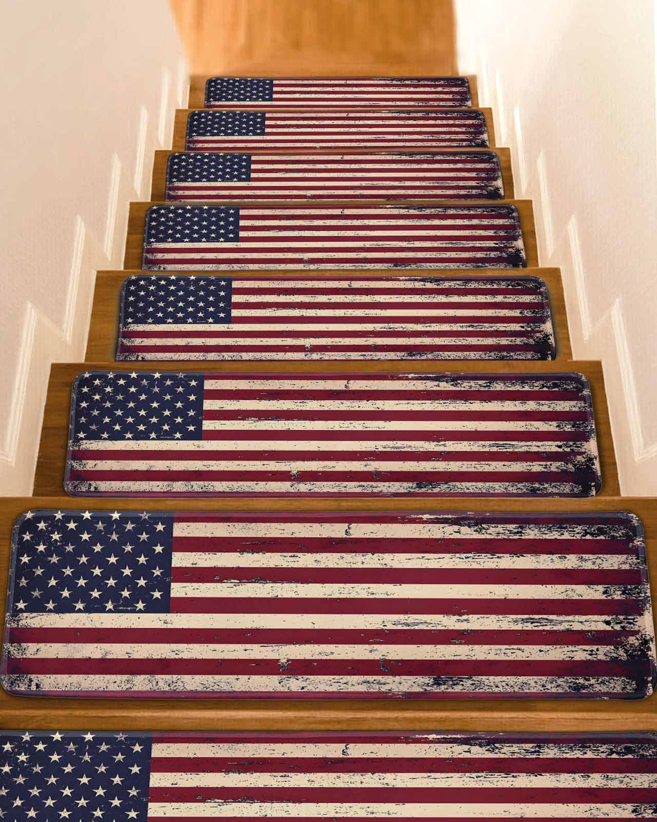 Vintage American Flag Stair Treads for Wooden Steps Indoor Runner Rug ...