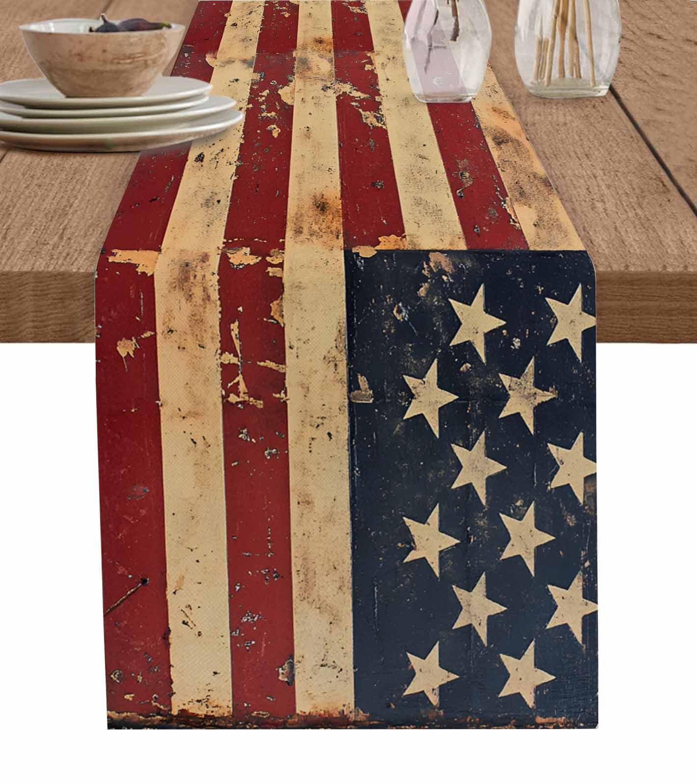 Vintage American Flag Table Runner 108 Inches, Retro US Flag White Red ...