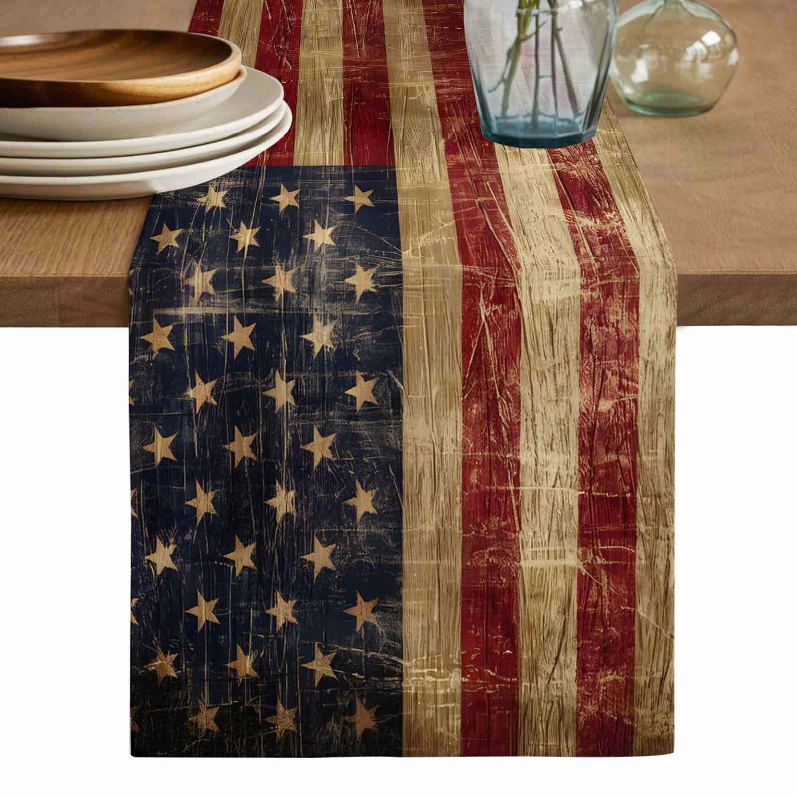Vintage American Flag Table Runner, Farmhouse Shabby Retro Red Blue ...