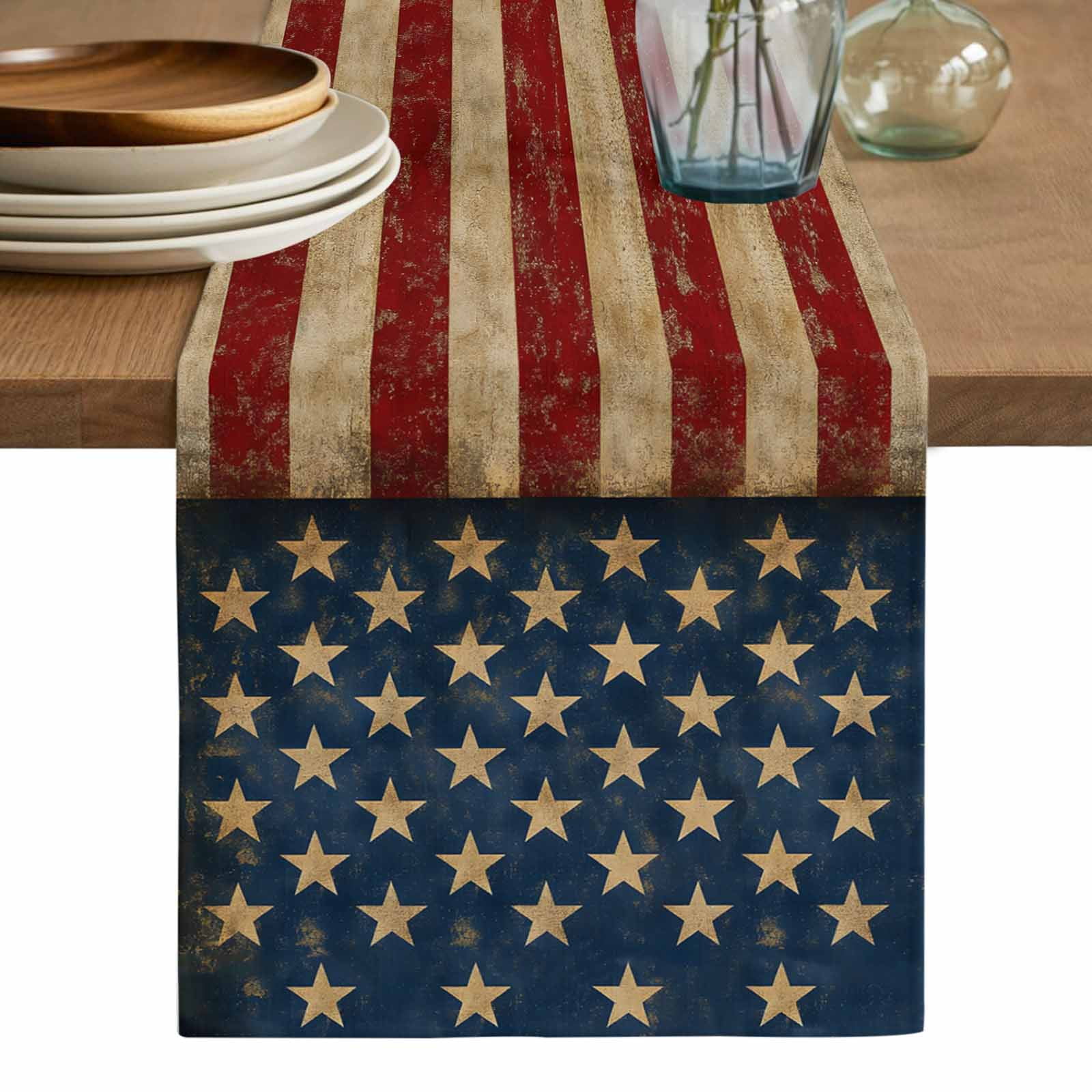 Vintage American Flag Table Runner, Retro USA Flag Blue Red Washable ...