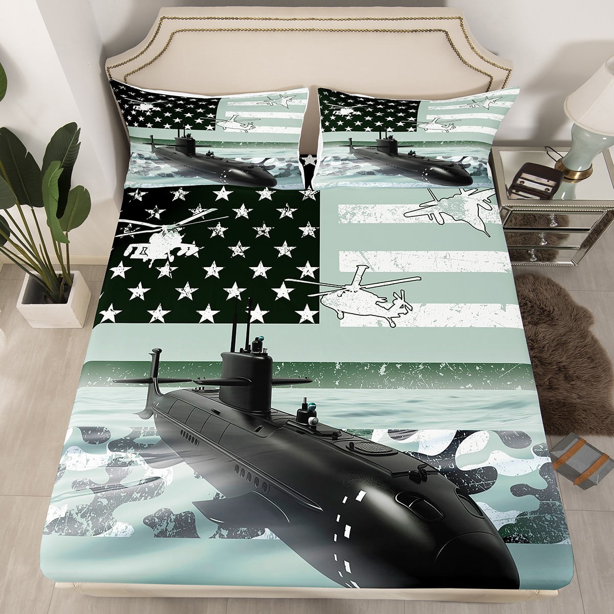 Vintage American Flag Twin Fitted Sheet Camo Aircraft Bedding Sets Room ...