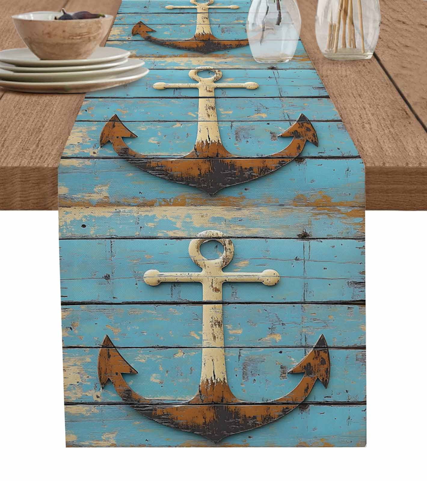Vintage Anchor Table Runner 72 Inches, Coastal Nautical Blue Brown ...