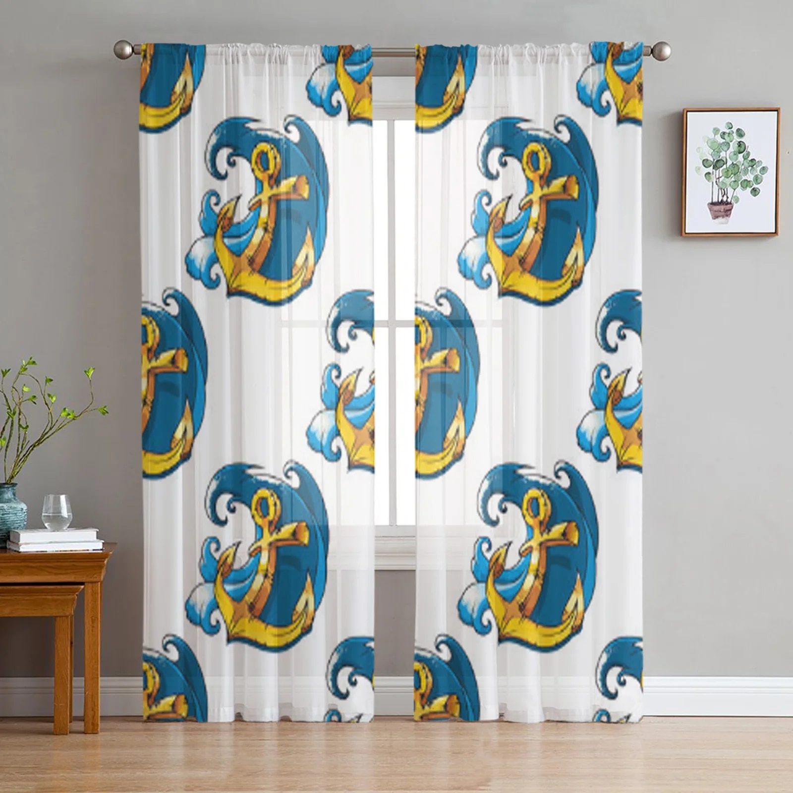 Vintage Anchors In Ocean Waves Tulle Curtains for Living Room ration ...