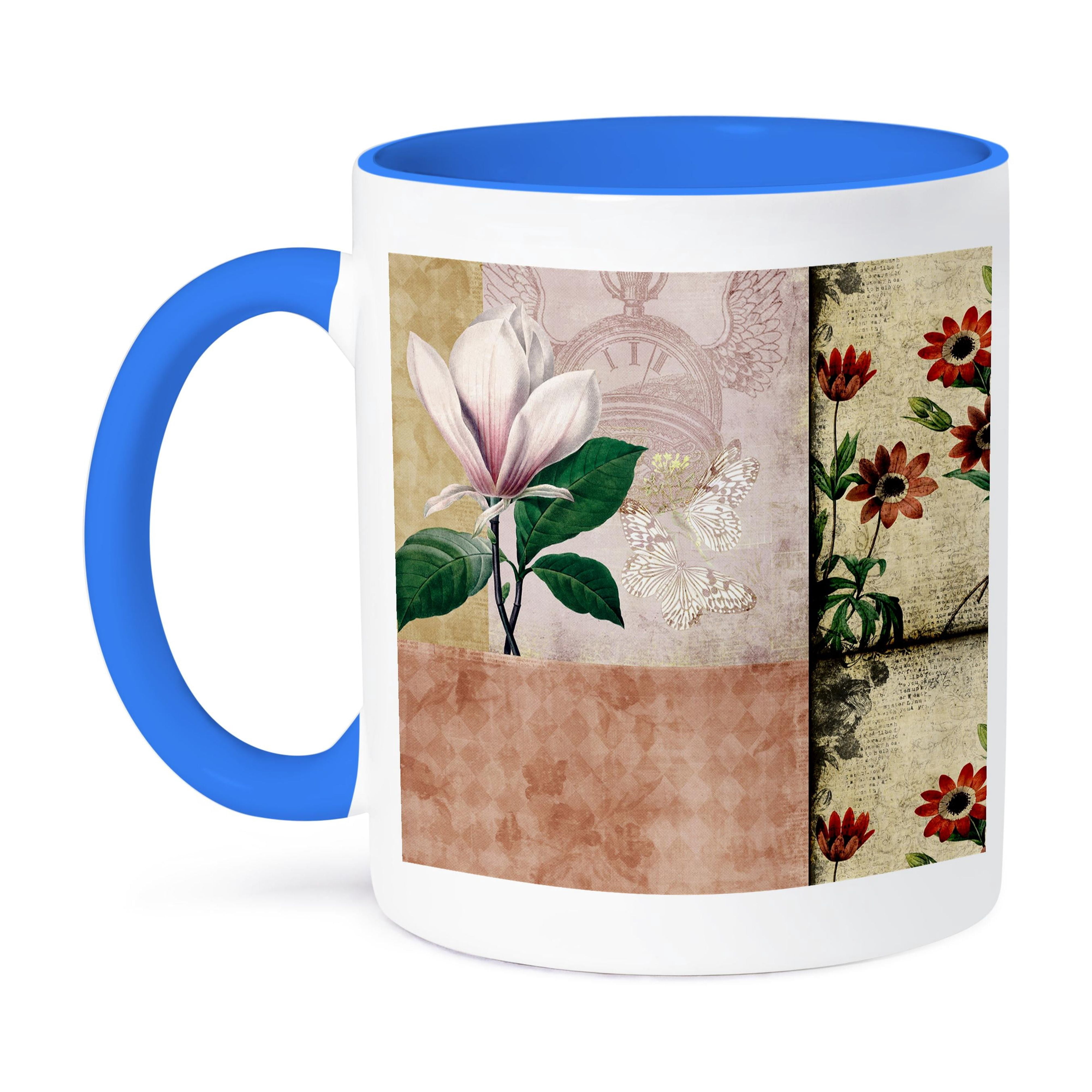 Vintage Anemones And Magnolia Collage Art, 11oz Two-Tone Blue Mug ...
