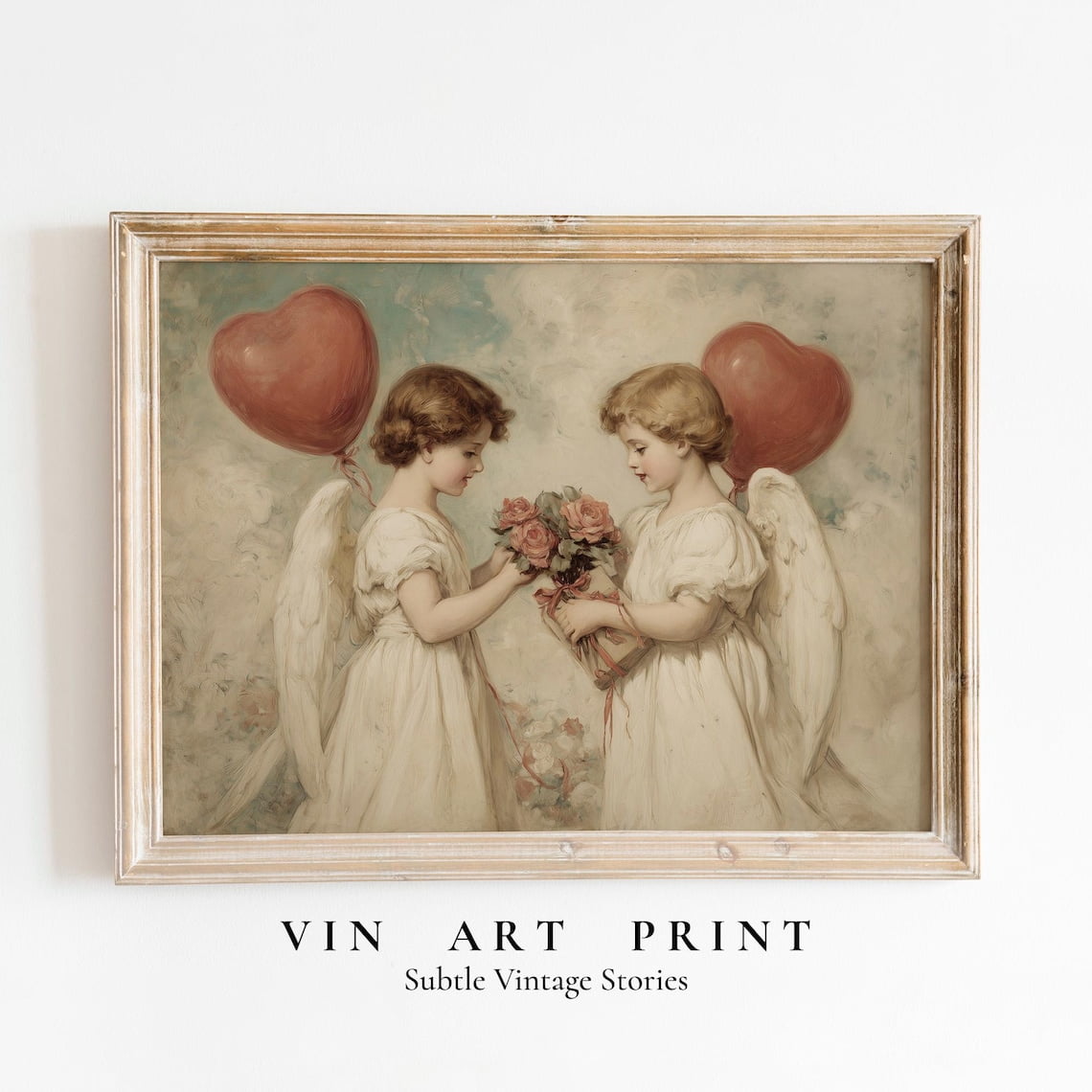 Vintage Angel Child Heart Balloon Wall Art Valentine Decor, Unframed ...