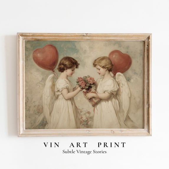 Vintage Angel Child Heart Balloon Wall Art Valentine Decor, Unframed ...