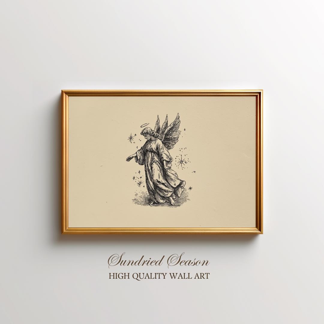 Vintage Angel Illustration Art Print, Celestial Guardian Figure With ...