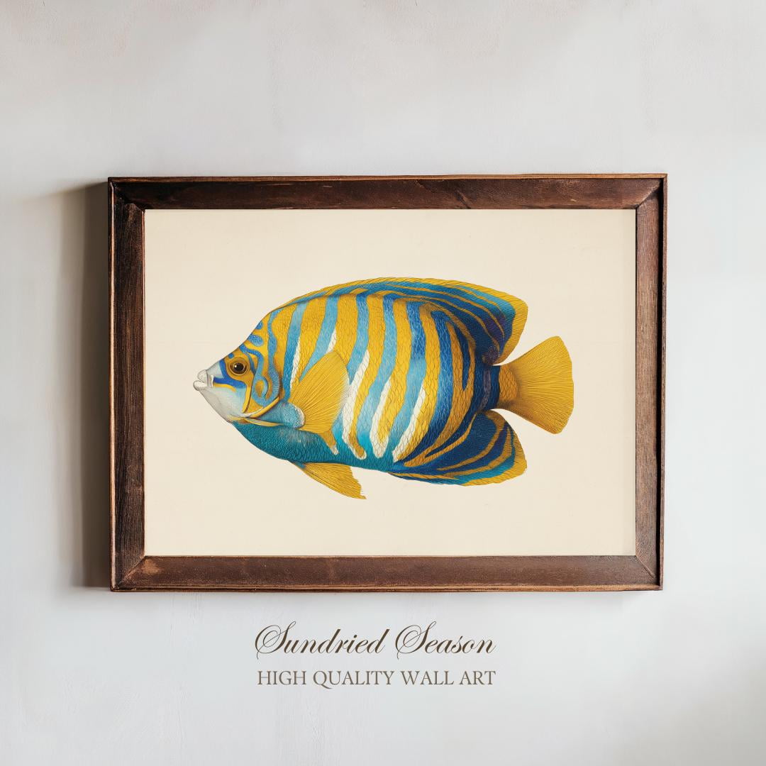 Vintage Angelfish Art Print, Vibrant Blue & Yellow Tropical Fish ...