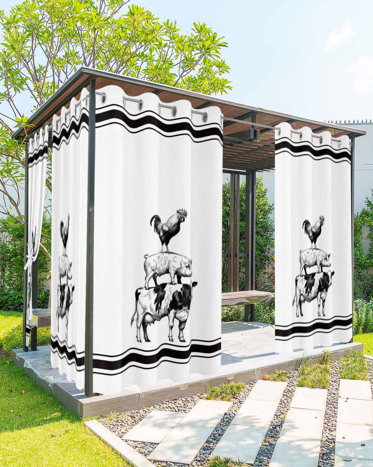 Vintage Animals Outdoor Curtains for Patio, Pig Rooster Cow Retro Art ...