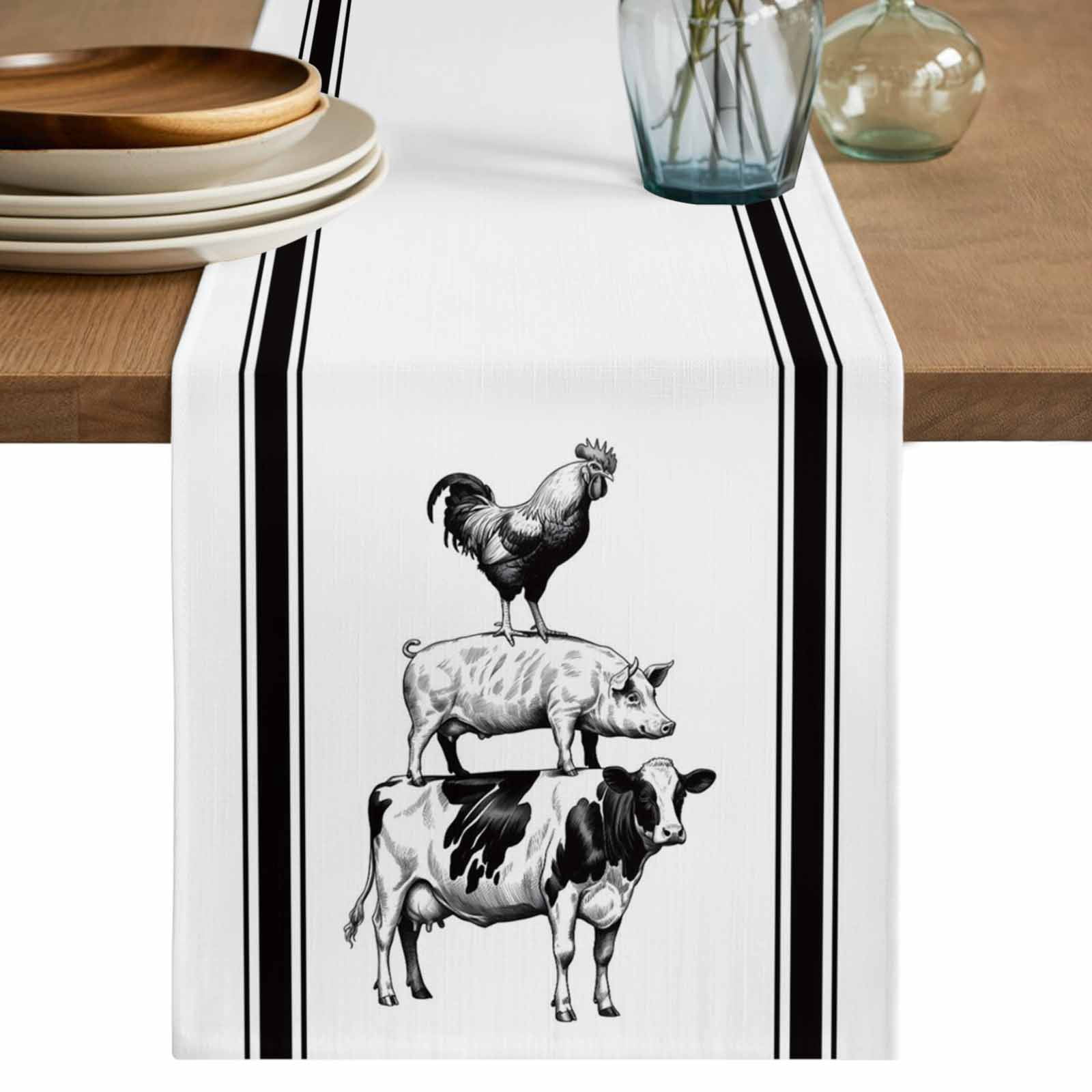 Vintage Animals Table Runner 108 Inches, Pig Rooster Cow Retro Art Bed ...