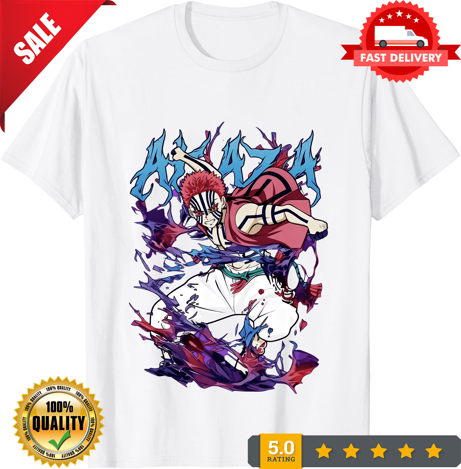 Vintage Anime Kimetsu No Yaiba Akaza Battle Pose Black T-Shirt, ULTRA ...