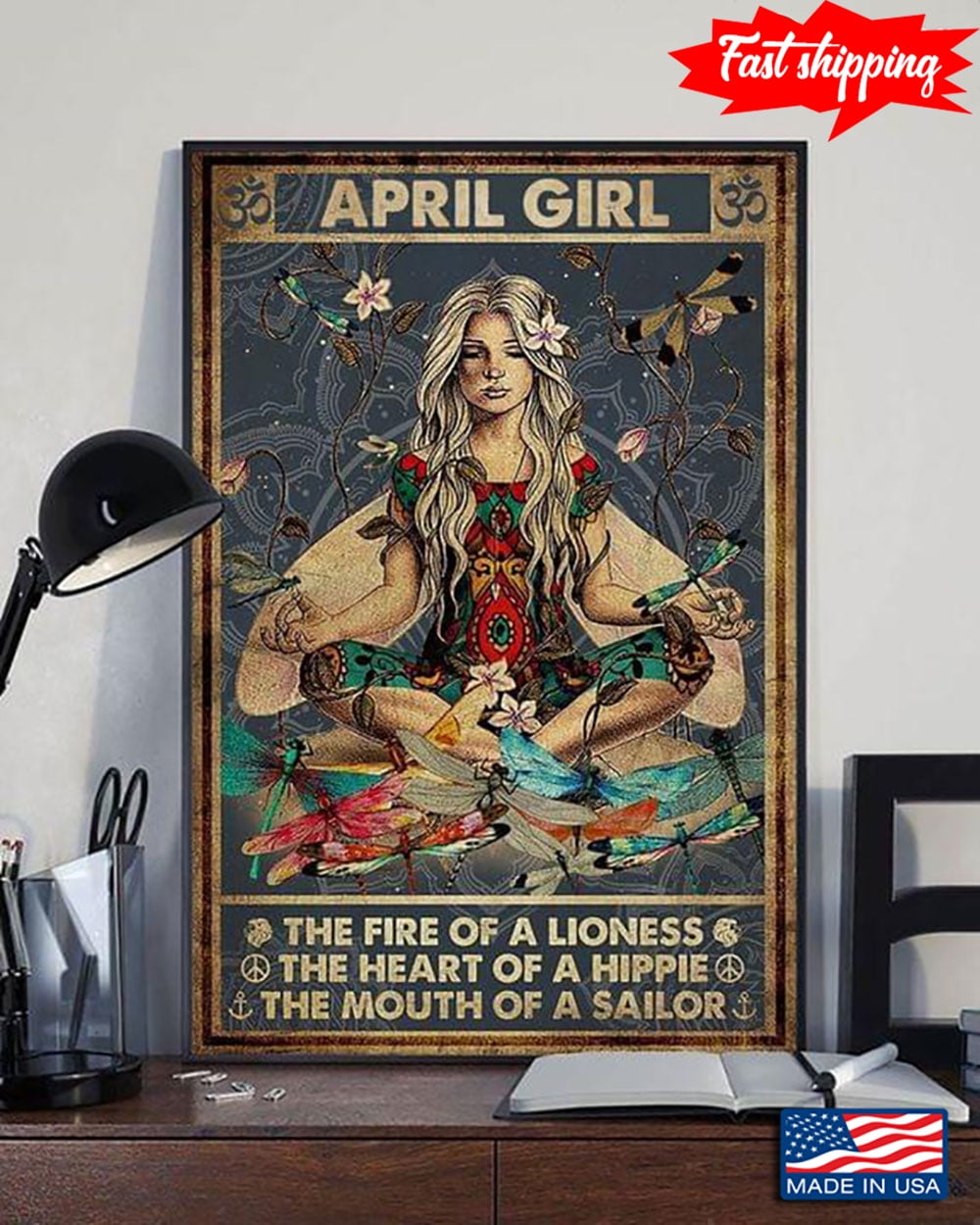 Vintage April Girl Doing Yoga & Dragonflies The Fire Of A Lioness The ...