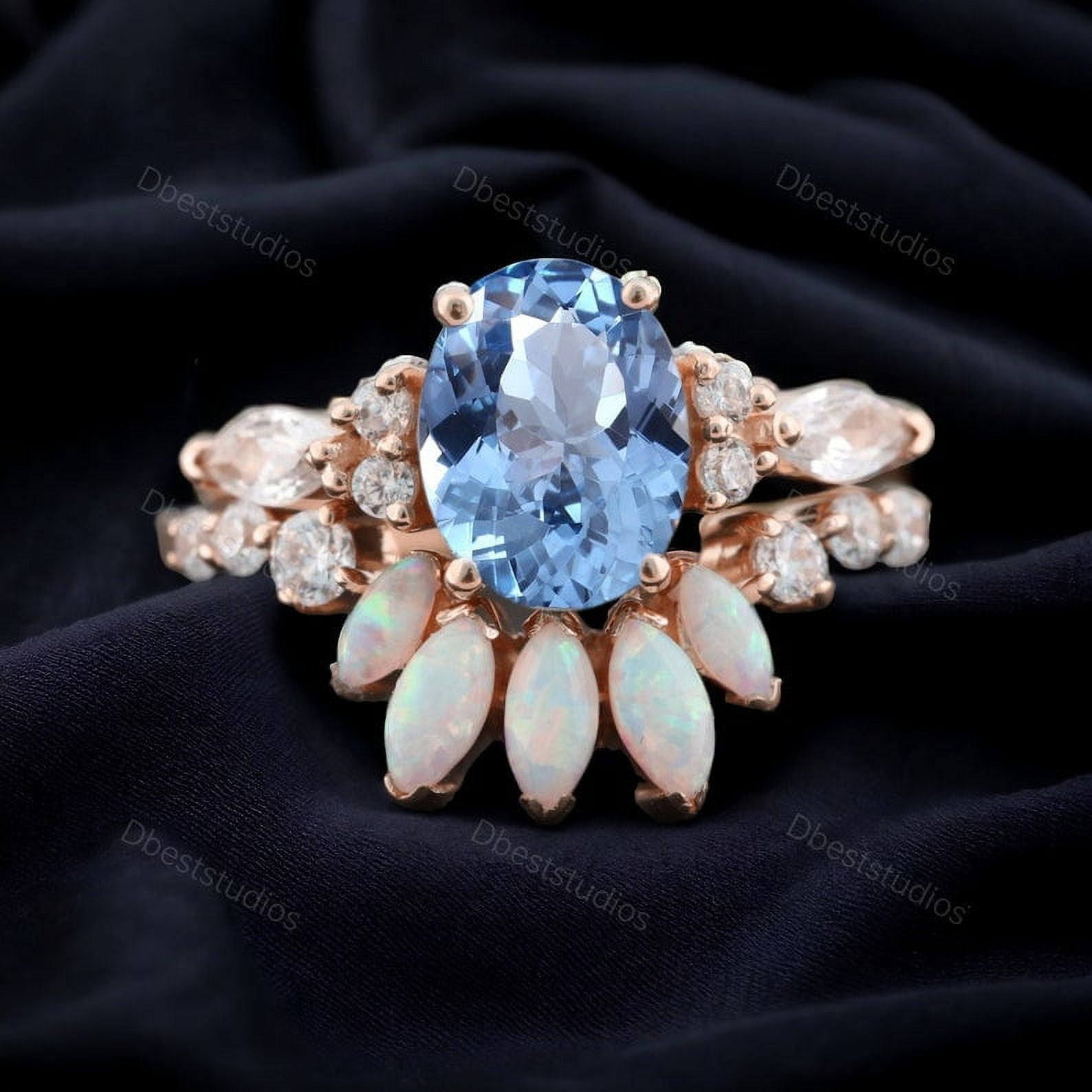 Vintage Aquamarine Engagement Ring Set Bridal Diamond Opal Curved Band Girl Matching Stackable ...