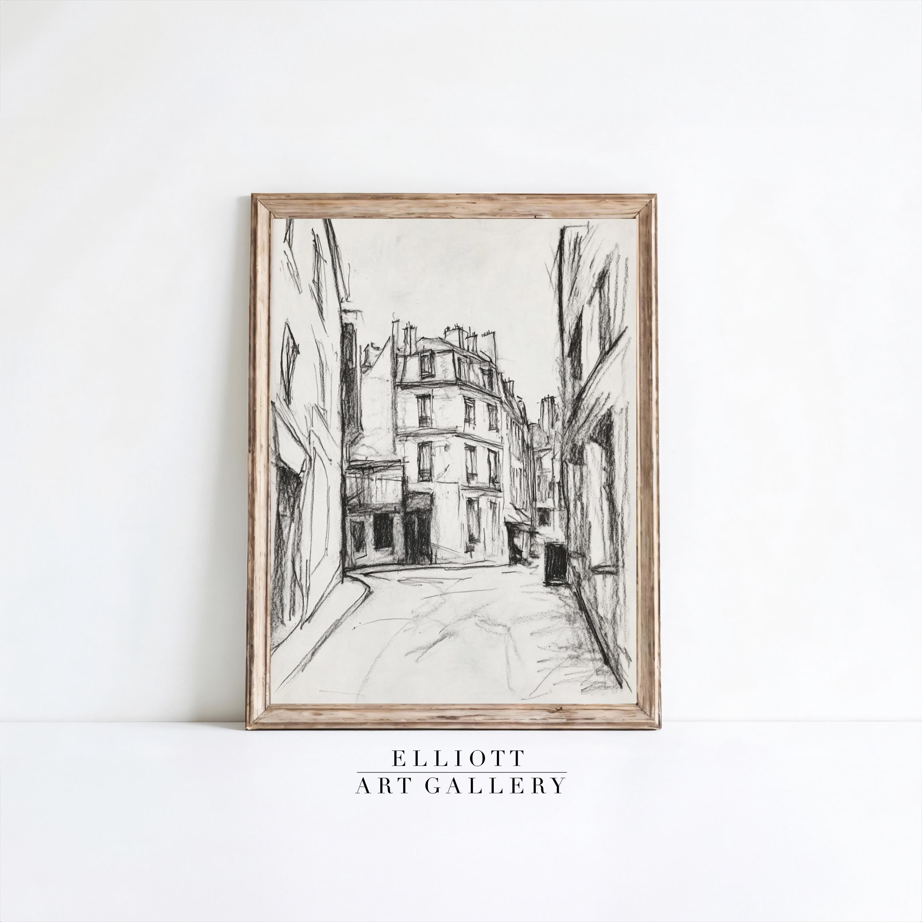Vintage Architectural Cityscape Rough Line Drawing Vintage Charcoal ...