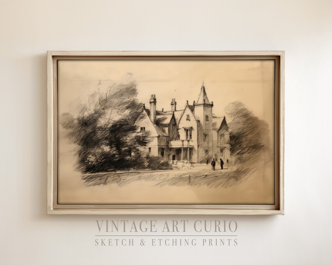 Vintage Architecture Sketch, Rustic Country Farmhouse Decor, Xl Art ...