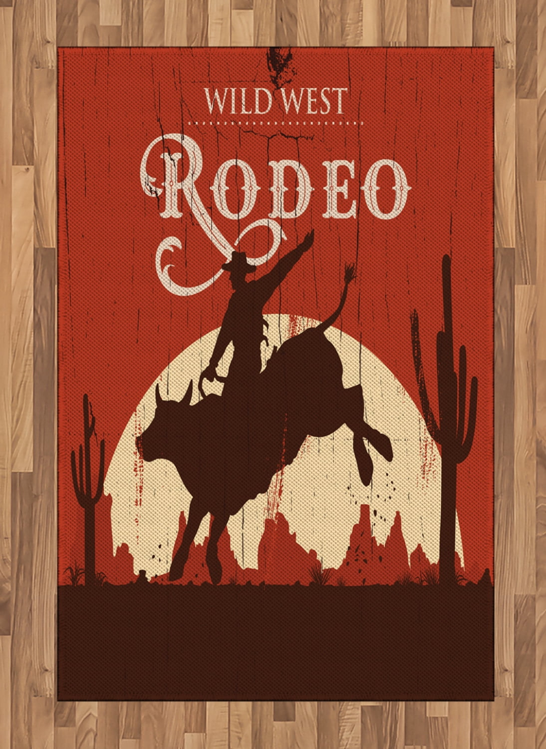 Vintage Area Rug, Rodeo Cowboy Riding Bull Wooden Old Sign Western ...