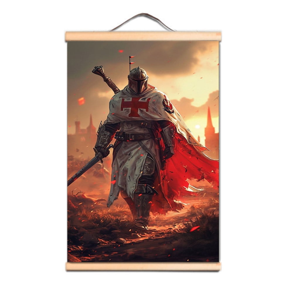 Vintage Armor Warrior Artwork Wooden Scroll Painting Wall Hanging Flag ...